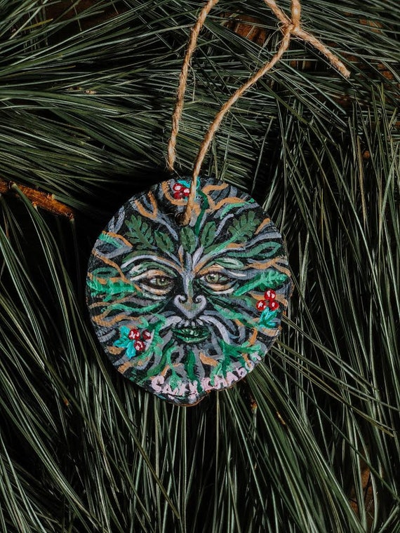 Hand Painted GREEN MAN Ornament on Wood Slice - Etsy