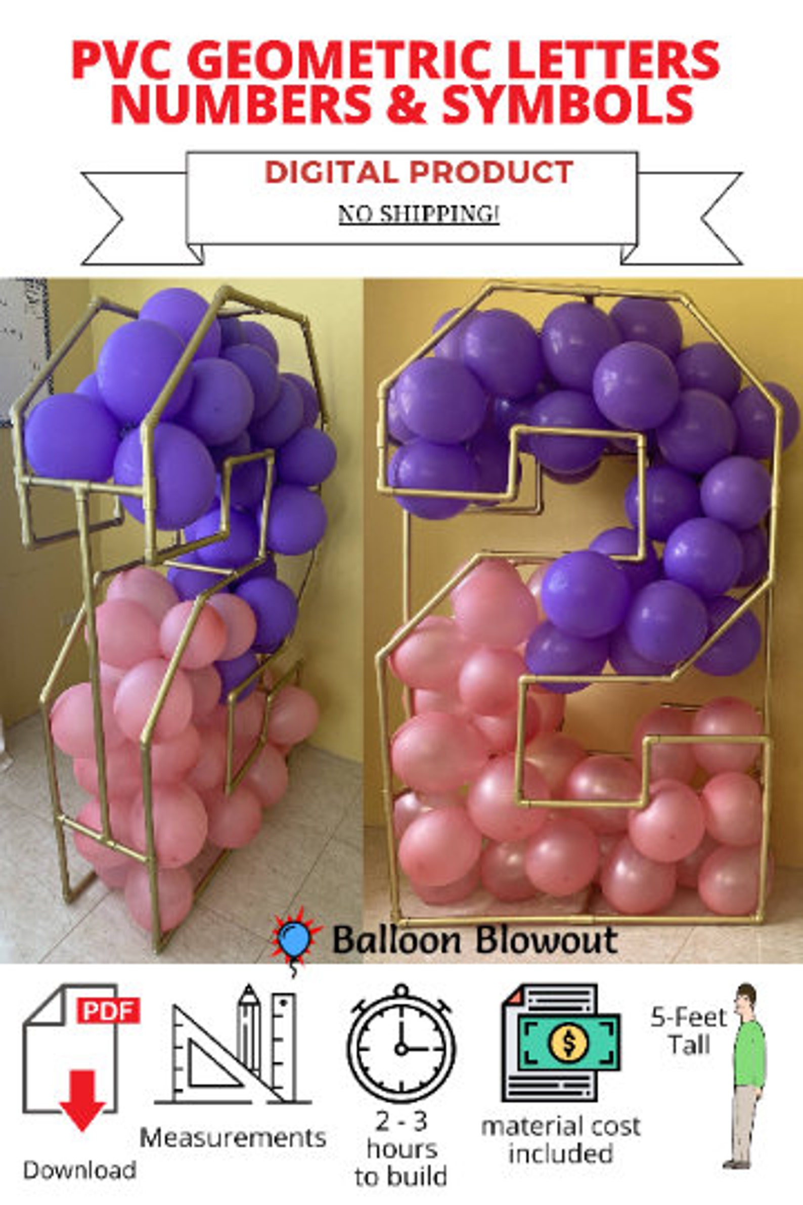 Number Two 2 PVC Geometric Mosaic Template 5ft Balloons + Custom Height ...