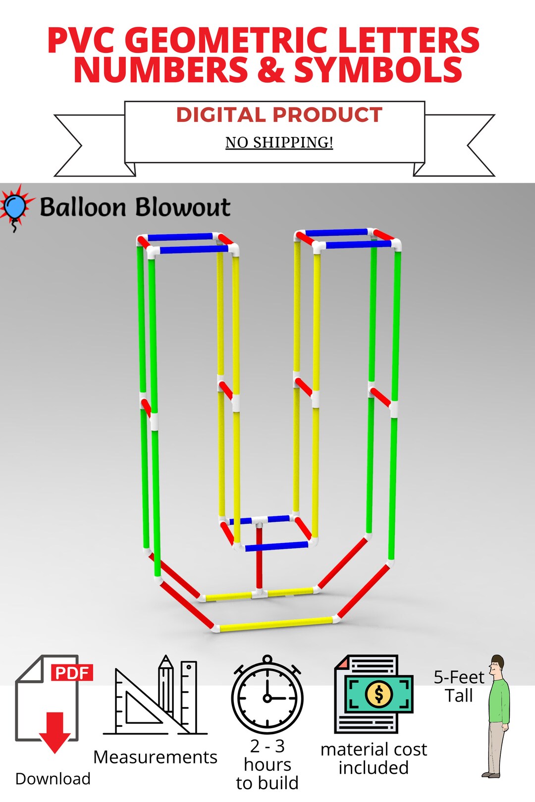 Letter U PVC Geometric Mosaic Template 5ft for Balloons, Geometric ...