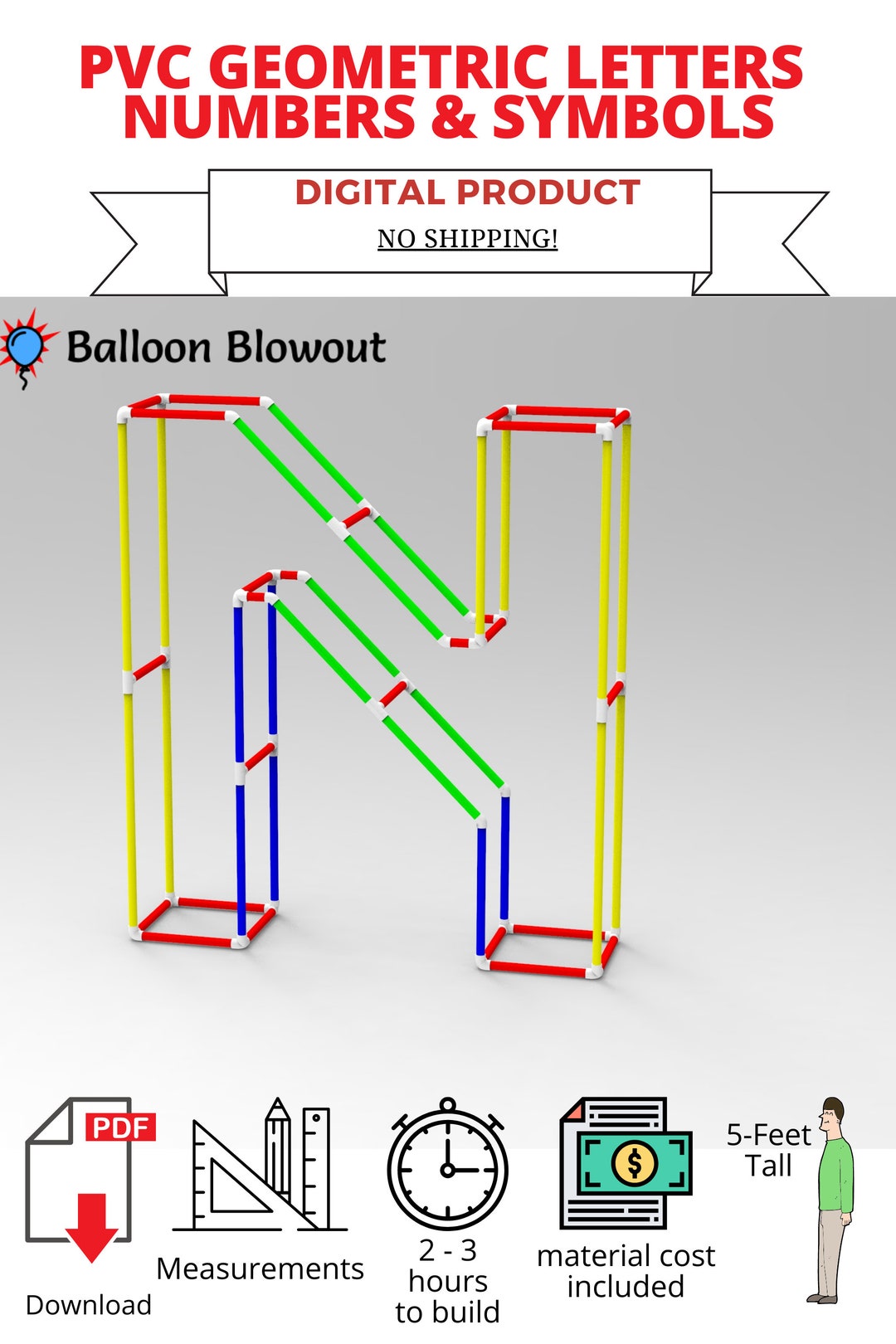 Letter N PVC Geometric Mosaic Template 5ft for Balloons, Geometric ...