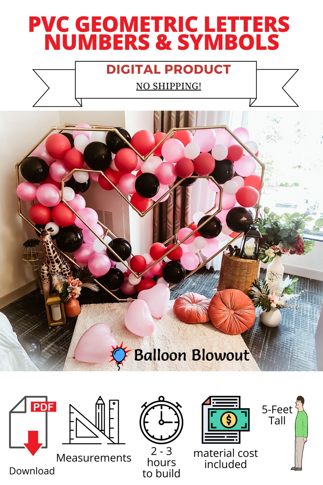 HEART Love PVC Geometric Mosaic Template Shape 5ft for Balloon ...