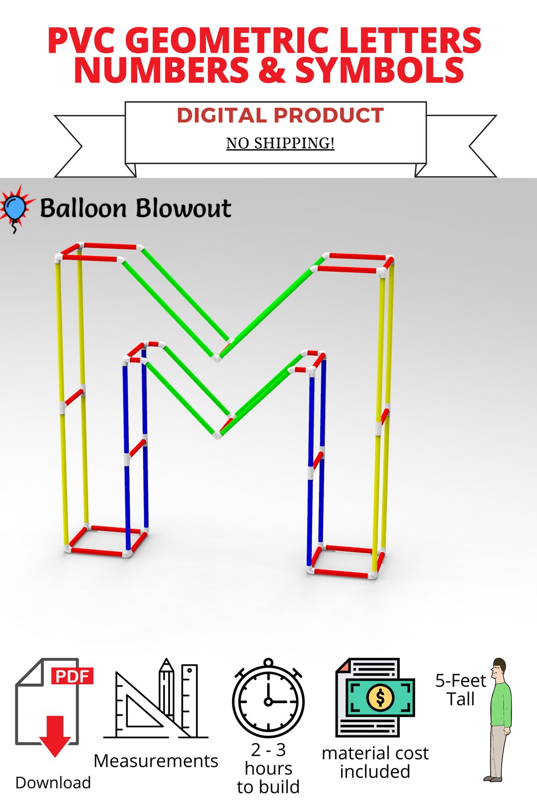 Letter M PVC Geometric Mosaic Template 5ft for Balloons, Geometric ...