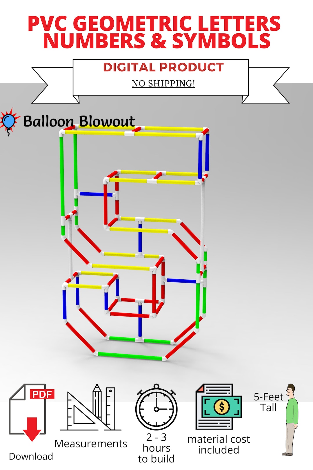 Number Five 5 PVC Geometric Mosaic Template 5ft Balloon, Geometric ...