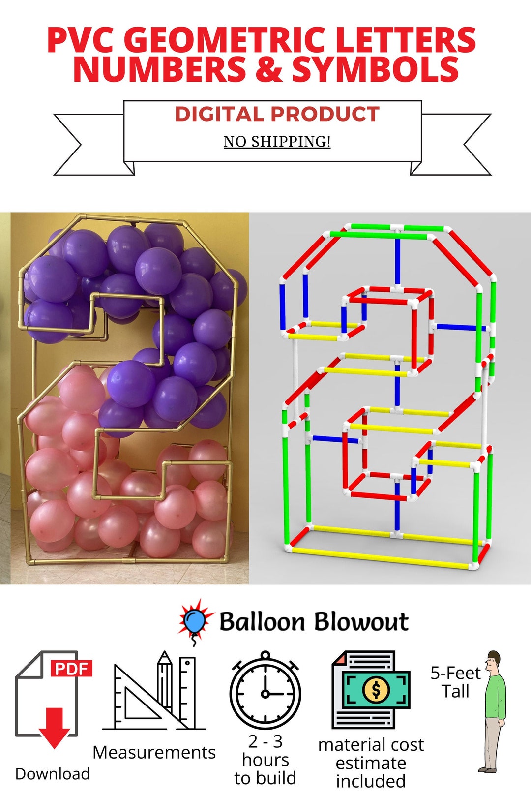 Number Two 2 PVC Geometric Mosaic Template 5ft Balloons + Custom Height ...