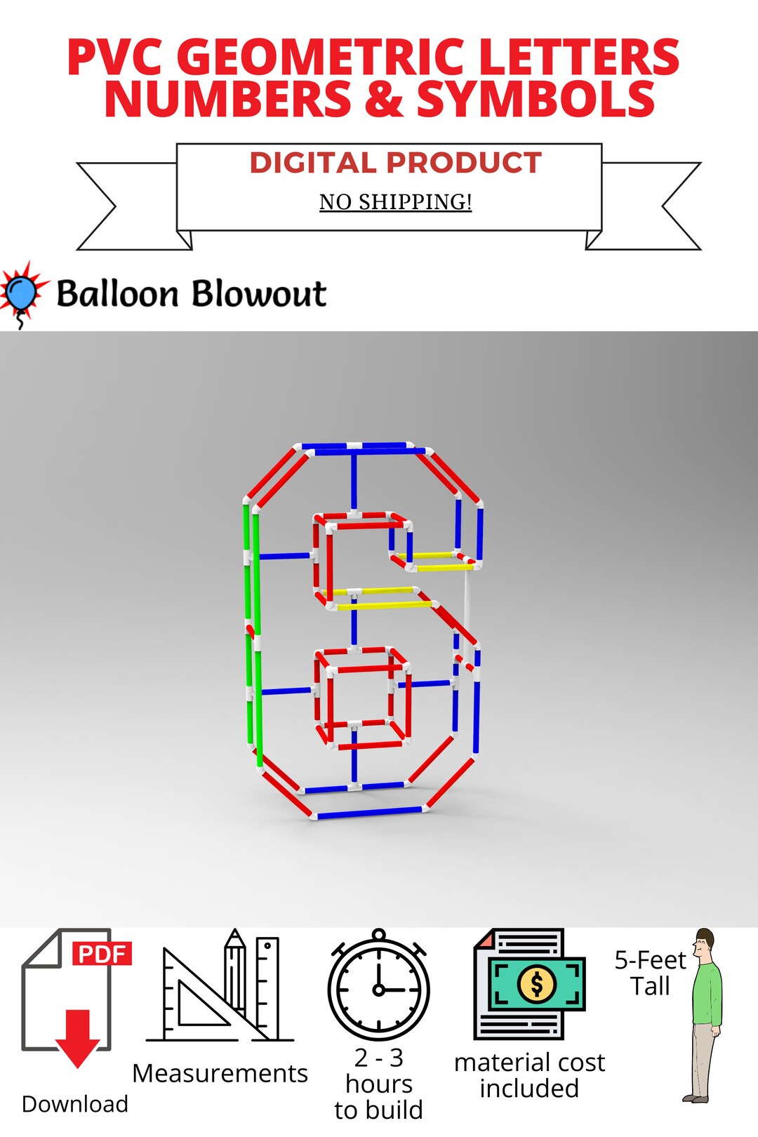 Number Six 6 PVC Geometric Mosaic Template 5ft Balloons, Geometric ...