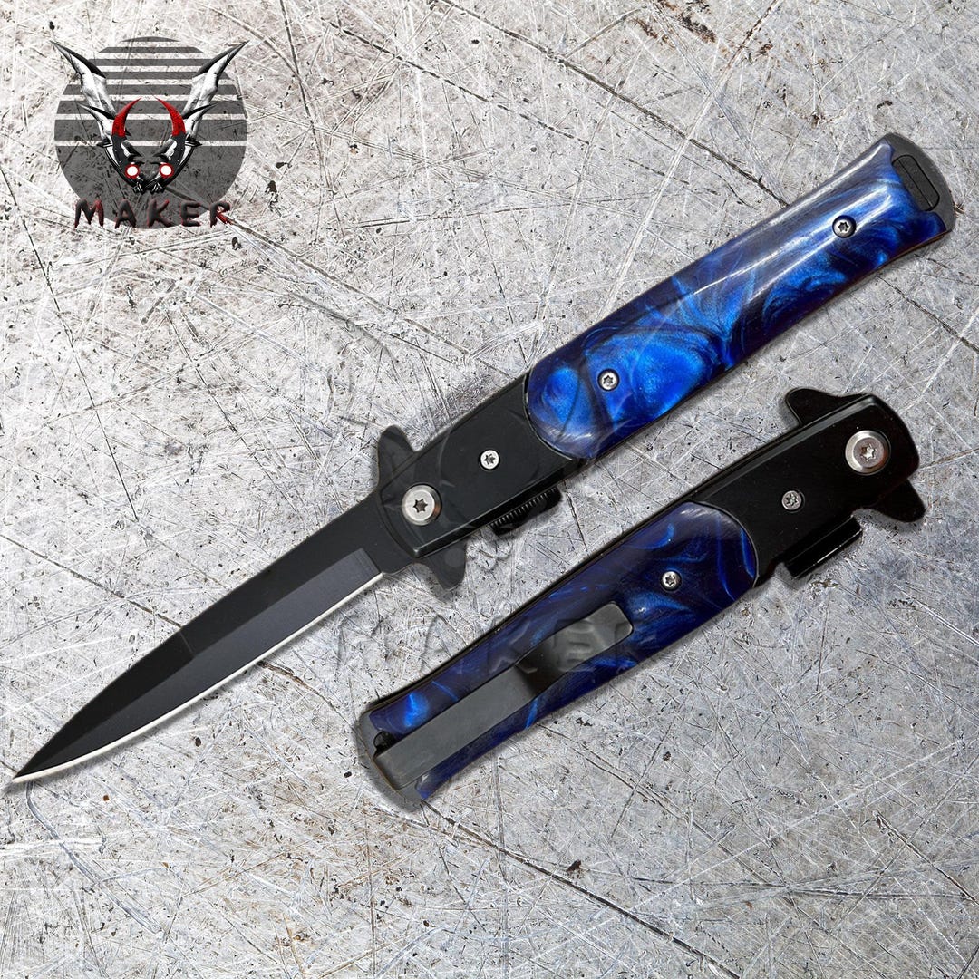 Black Blue Pearl Handle Stiletto Knife 9" Spring Assisted Folding Knife ...