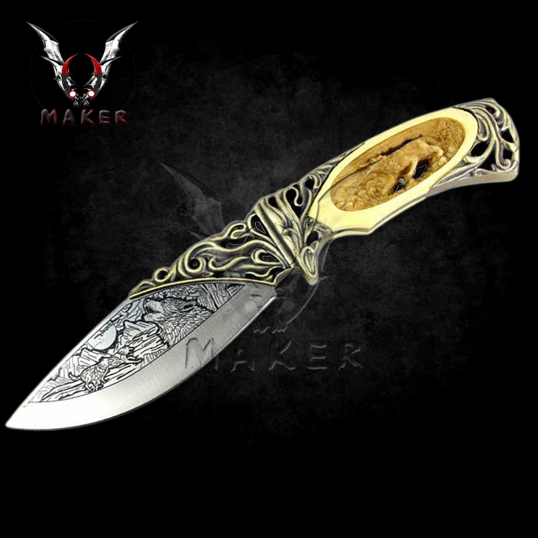 Ornate Wolf Engraved Vintage Knife 10" Hunting Camping Steel Blade ...