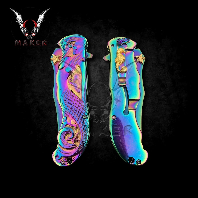 Rainbow Mermaid Knife 8.75" Hunting Folding Steel Blade Knife Fathers ...