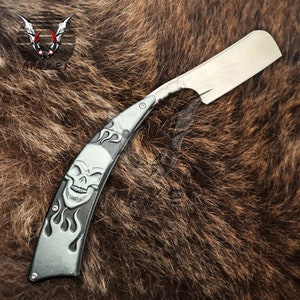 Razor Skull Straight Blade Barber Knife 8.5" Hunting Folding Steel ...