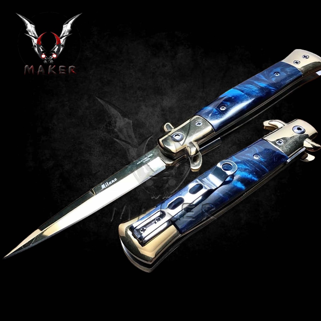 Blue Handle Stiletto Knife 8.75" Spring Assisted Folding Knife for ...