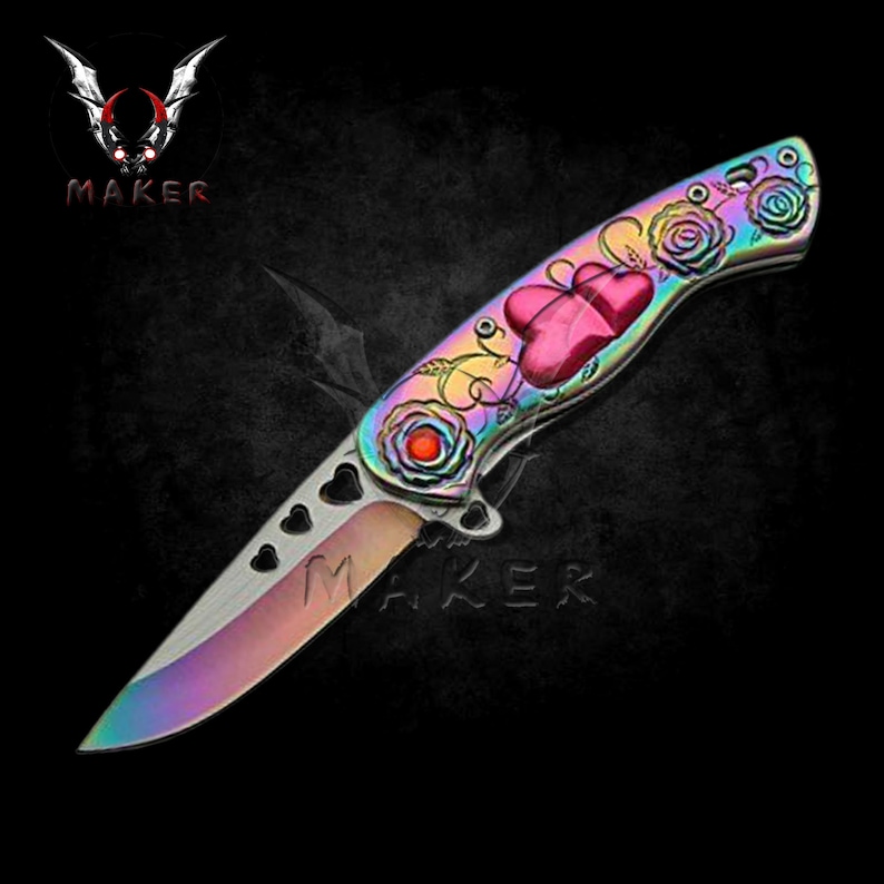 Cupid Heart Floral Rainbow Knife 7" Best Folding Love Knife for Hunting ...
