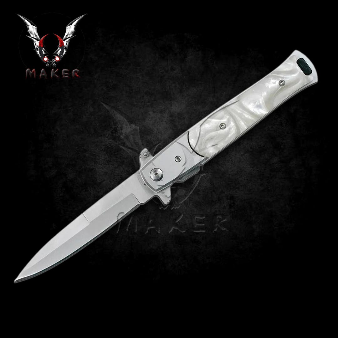 White Pearl Handle Stiletto Knife 8 3/4" Spring Assisted Folding Knife ...