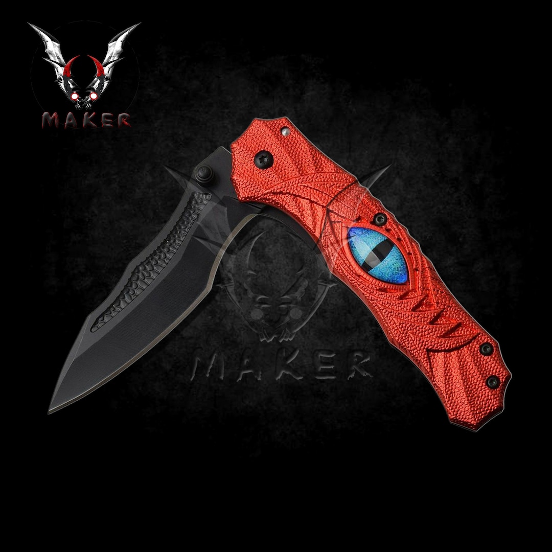 Dragon Eye Knife 8" Red Black Fantasy Hunting Folding Steel Blade Knife ...