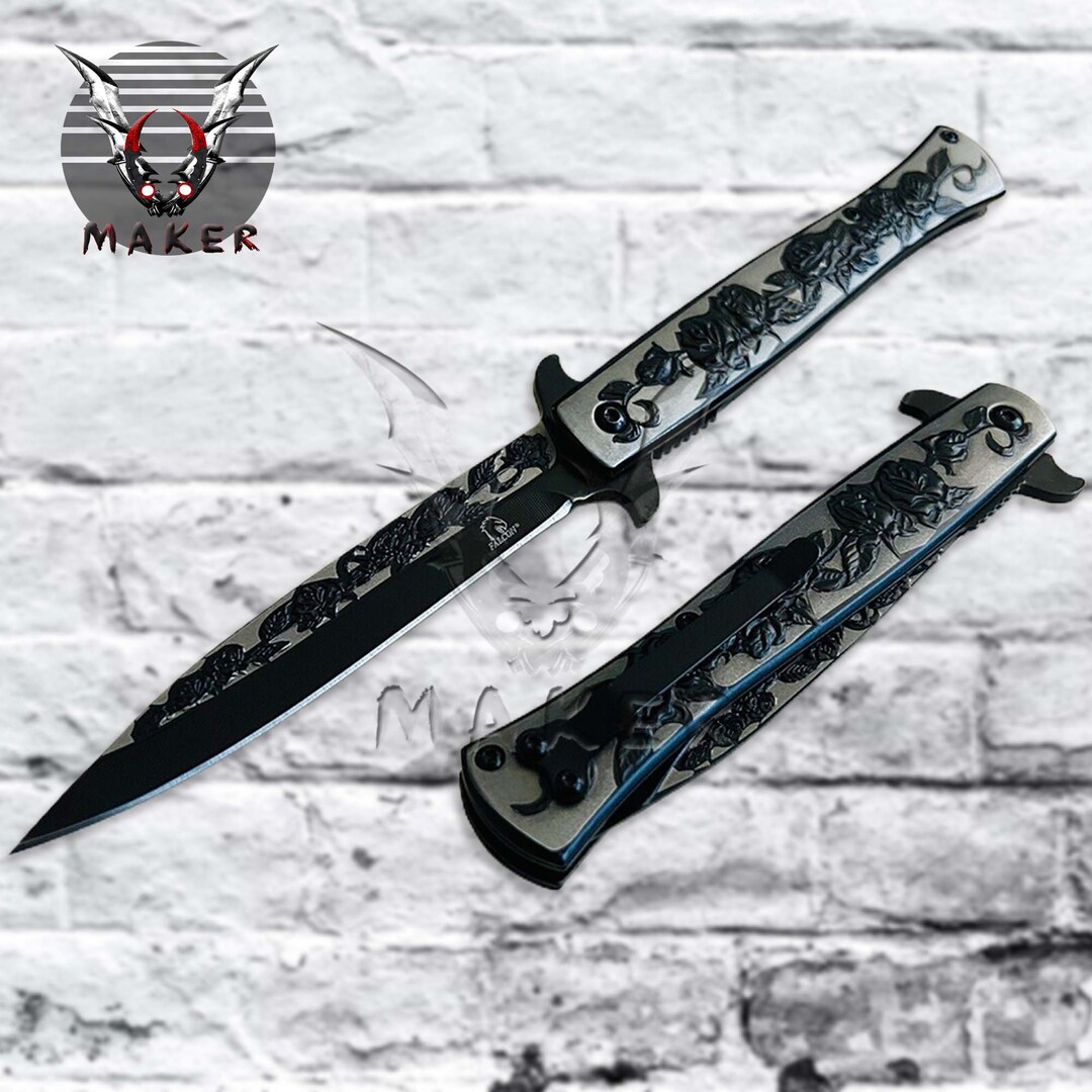 Black Rose Engraved Fantasy Stiletto Knife 9" Spring Assisted Folding ...