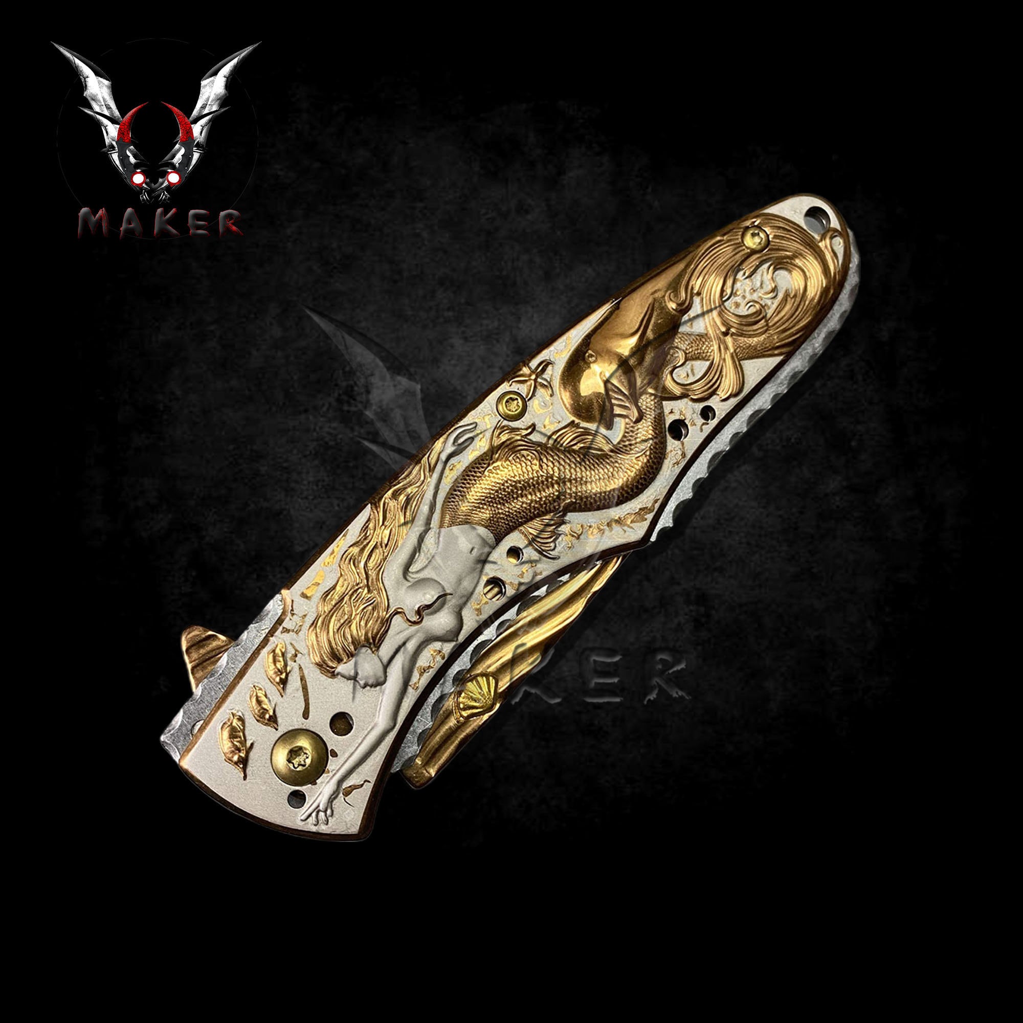 Mermaid With Ocean Dolphin Knife 8.75" Hunting Folding Steel Blade ...