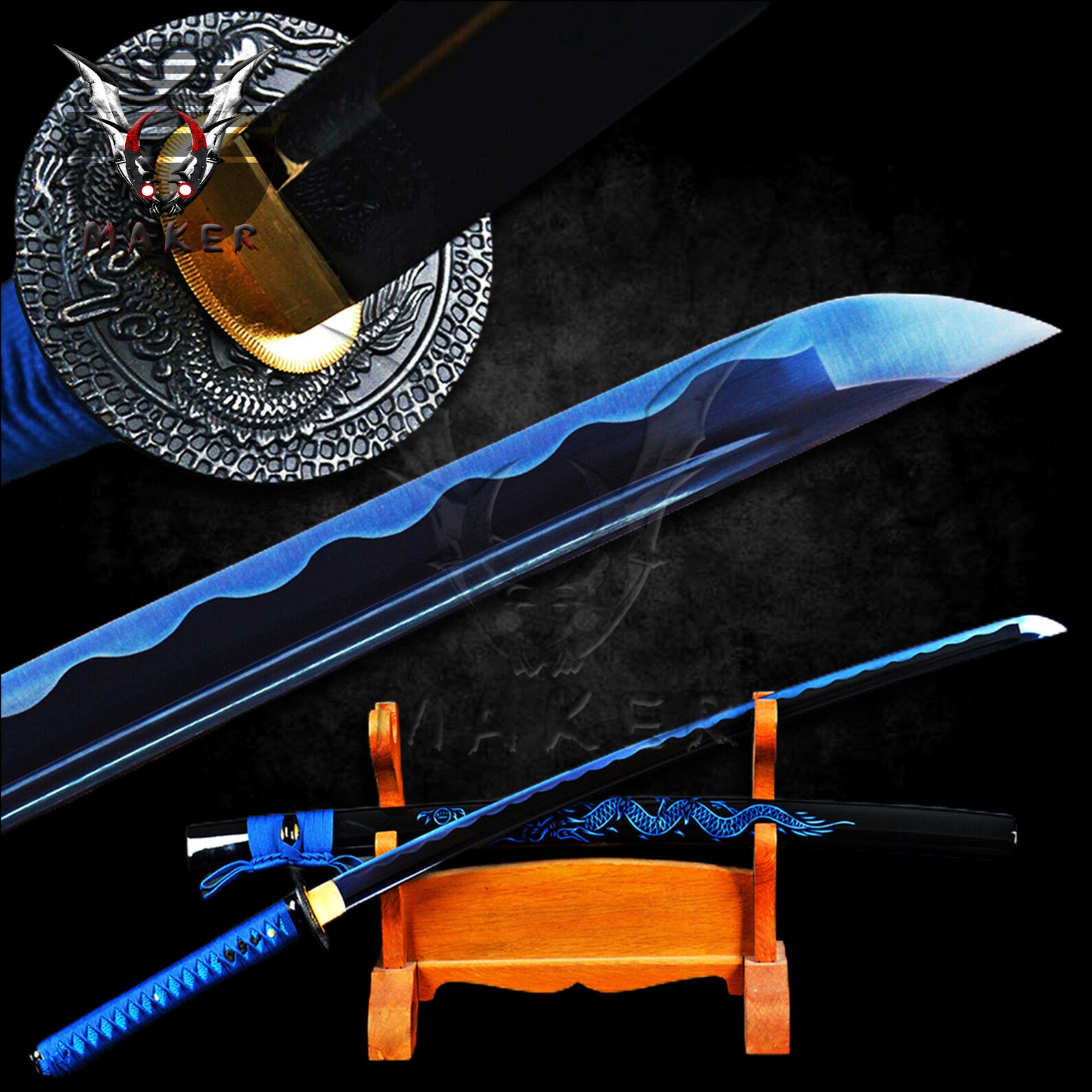 All Blue Dragon Katana Handmade 1095 Steel Japanese Samurai Collectible ...