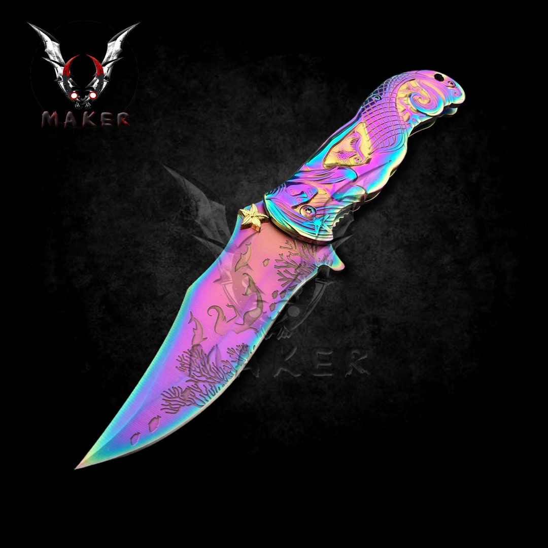 Rainbow Mermaid Knife 8.75" Hunting Folding Steel Blade Knife Fathers ...