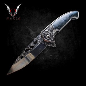 SILVER Mirror Ornate Art Floral Knife 8" Folding Knife for Hunting ...