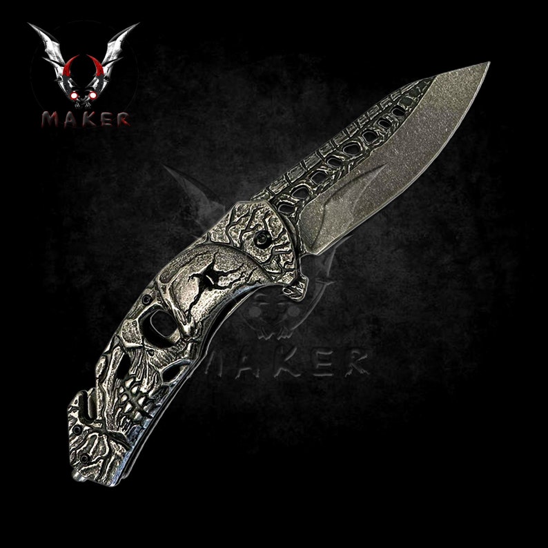 Stonewashed Fantasy Skull Spring Assisted 8.5" Folding Pocket Knife for ...
