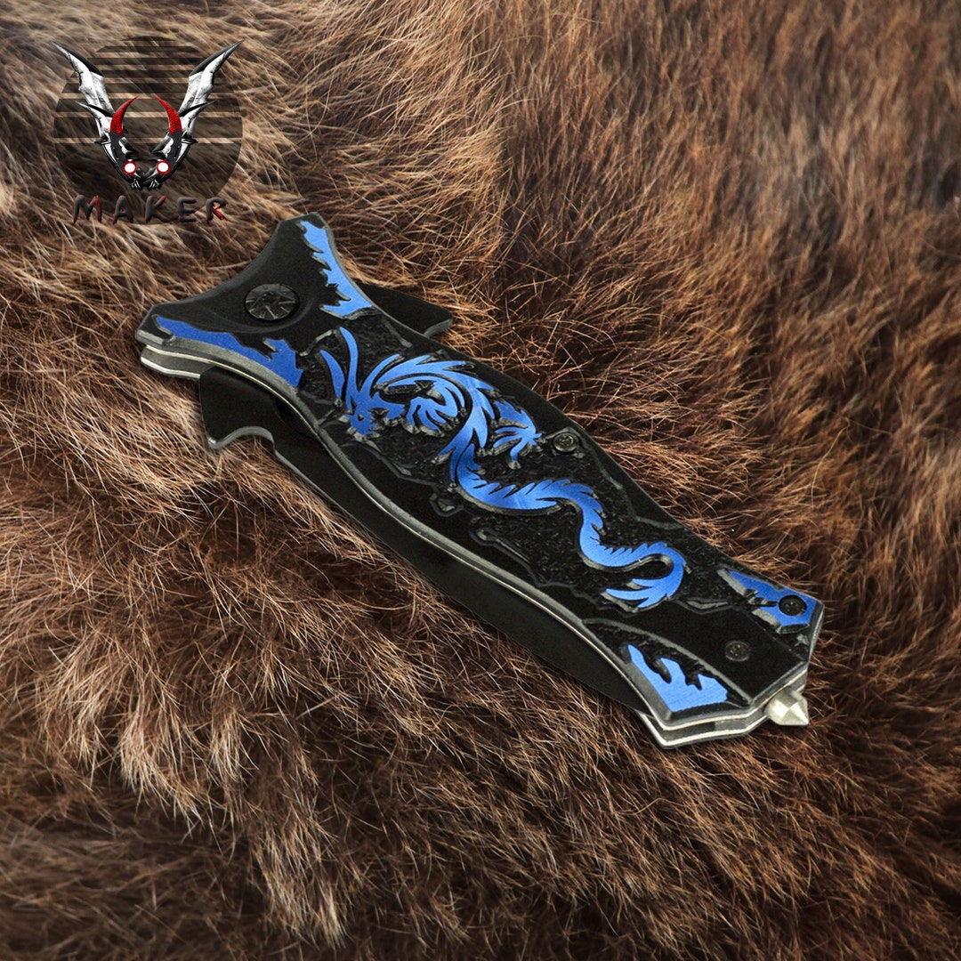 Dragon Blue Throwing Knife 7" Folding Blade Knife for Hunting, Camping ...