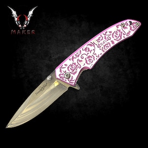 Ladies Pink Roses Knife 7" Spring Best Folding Knife for Hunting ...