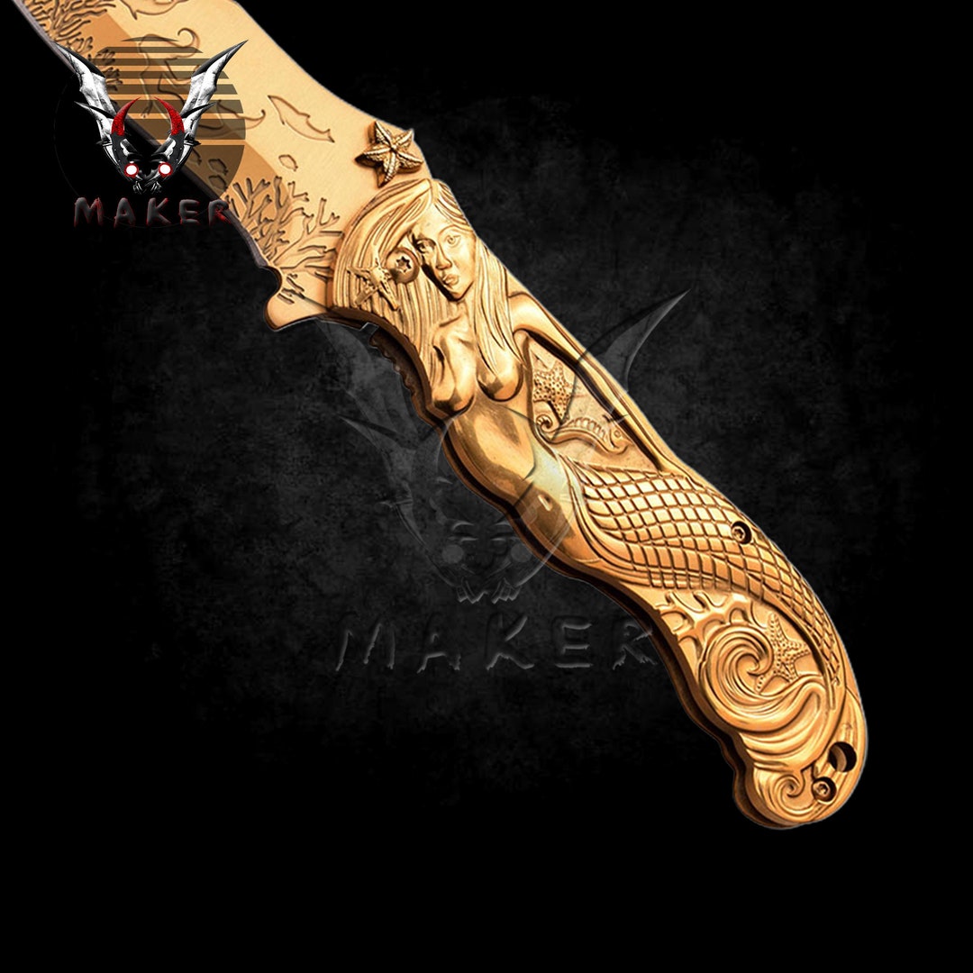 GOLD Mermaid Ocean Knife 8.75 Hunting Folding Steel Blade Knife Gift ...