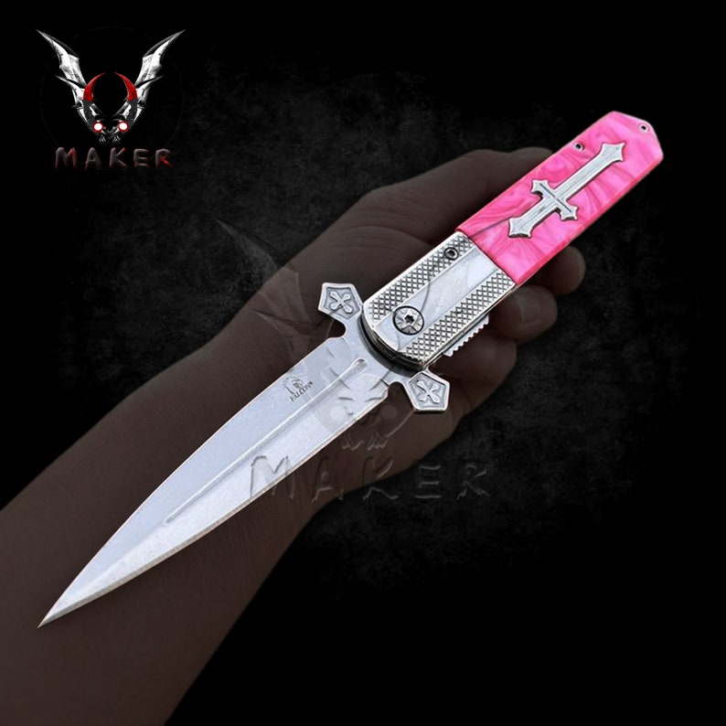 White Pearl Celtic Cross Stiletto Knife 9" Folding Knife for Christian ...