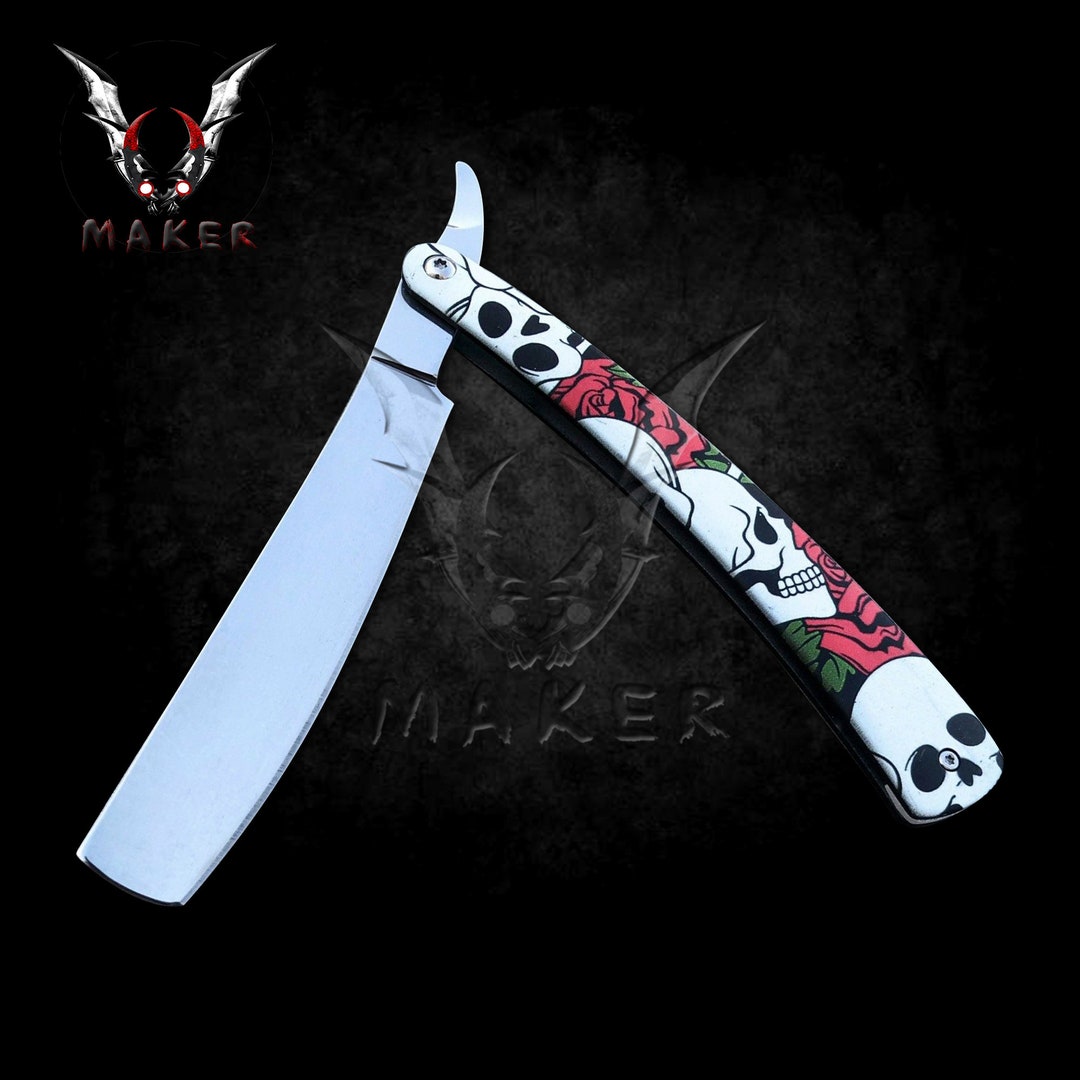 Razor Skull Rose Straight Blade Barber Knife 10" Folding Steel Blade ...