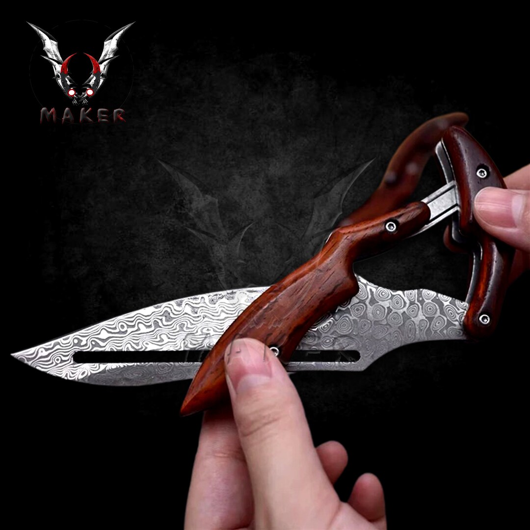 Damascus Transform Knife 7.28 " Wood Handle Knife for Hunting, Camping ...