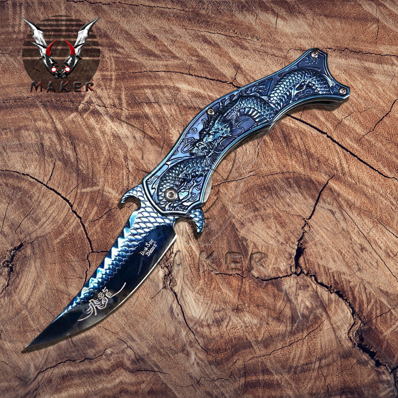 Blue Titanium Dragon Karambit Mirror Knife 8" Best Folding Knife for ...