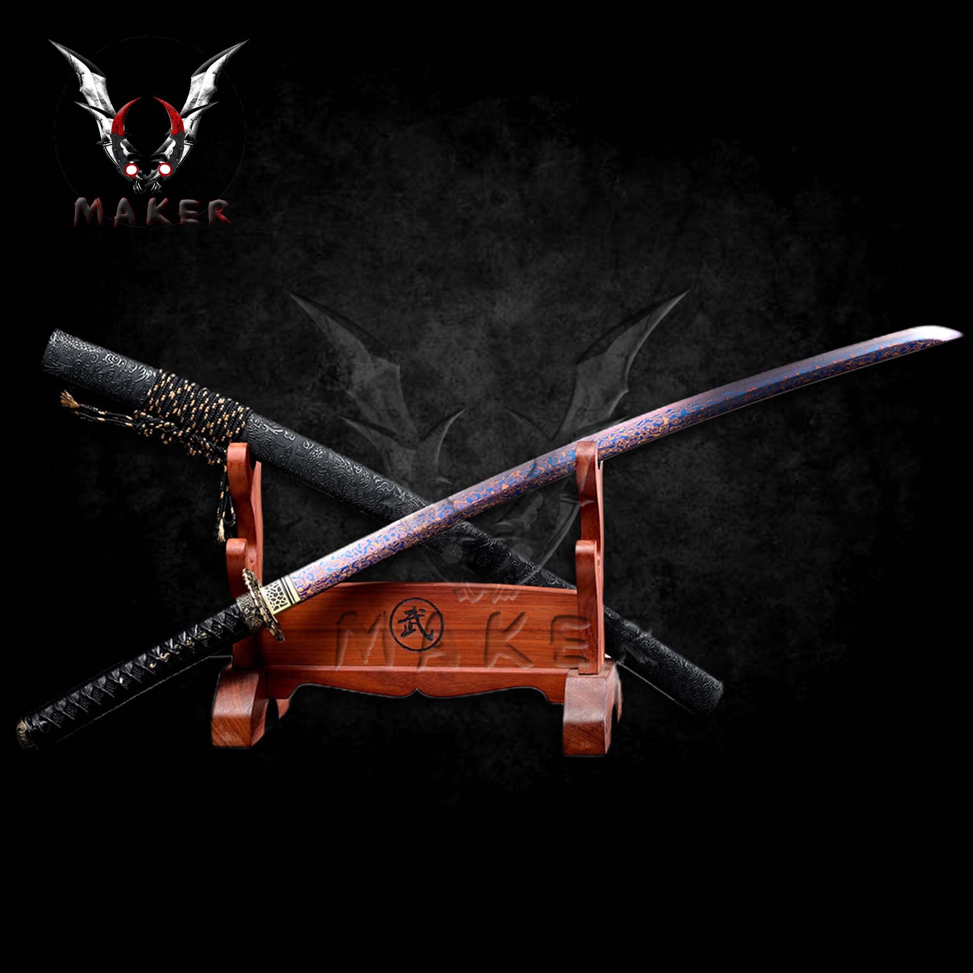 Handmade Dragon Katana Red&blue Damascus Folded 1095 Steel Decorative ...