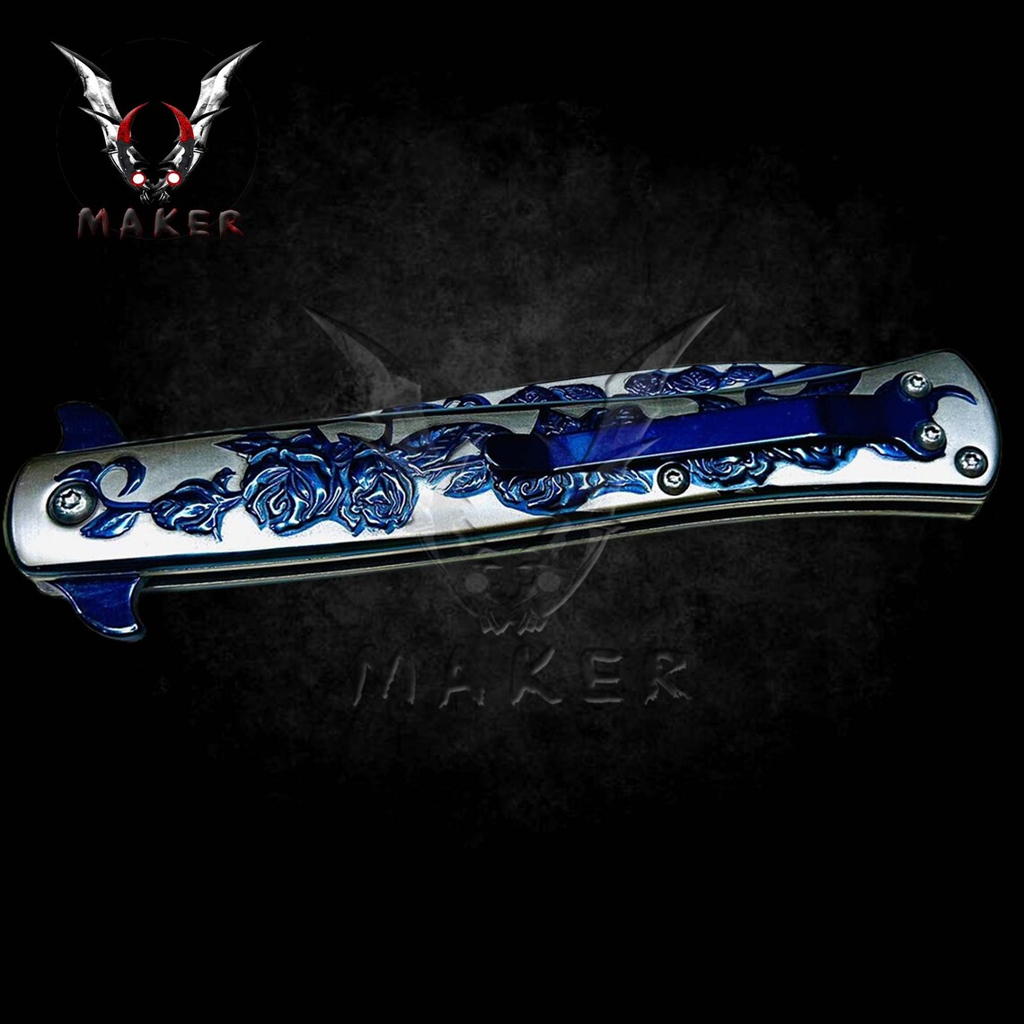 Blue Titanium Rose Fantasy Stiletto Knife 9" Spring Assisted Folding ...