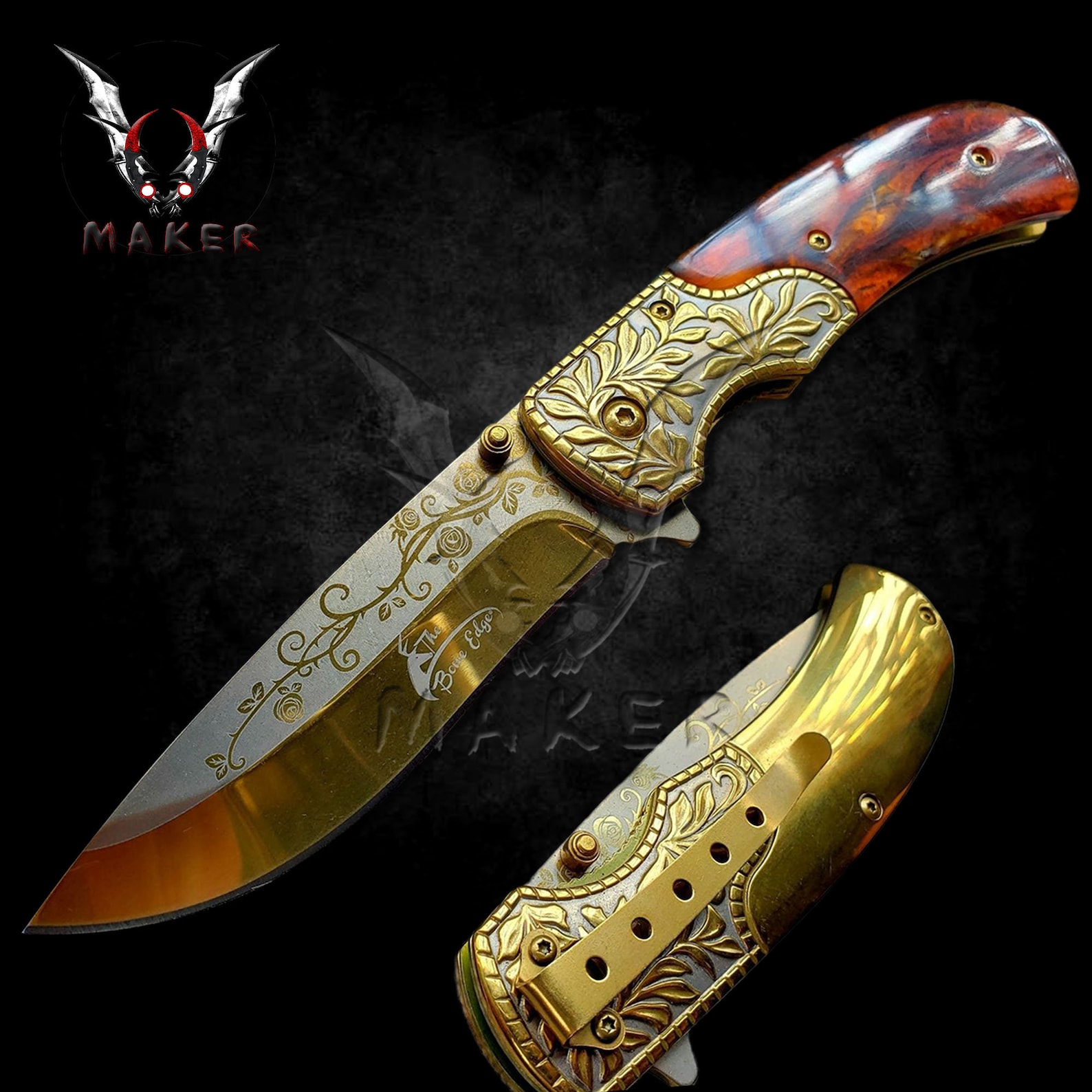 GOLD Sculpted Art Knife 9" Floral Vintage, Folding Knife for Outdoor ...