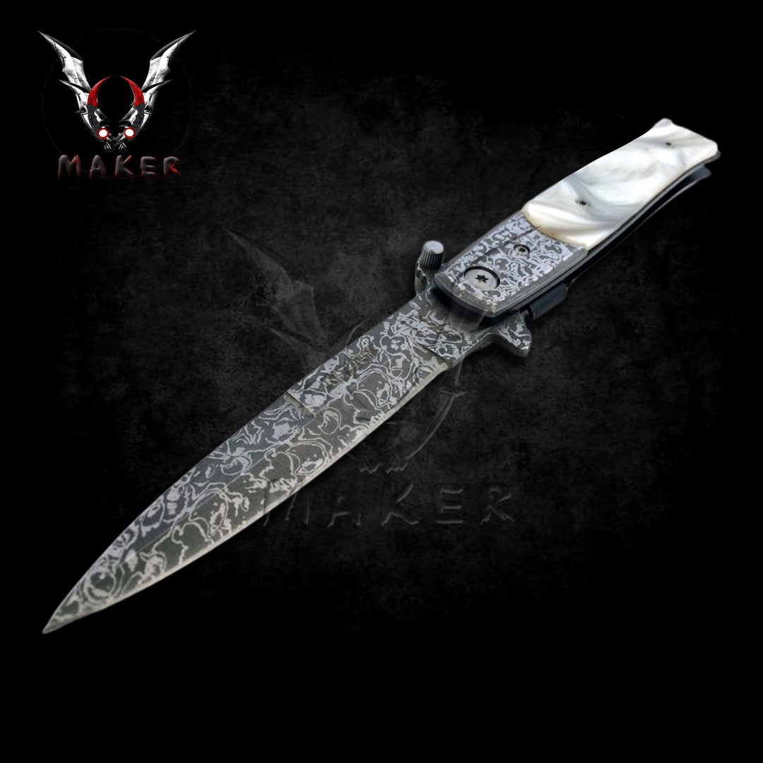 Damascus White Pearl Handle Stiletto Knife 9" Spring Assisted Folding ...