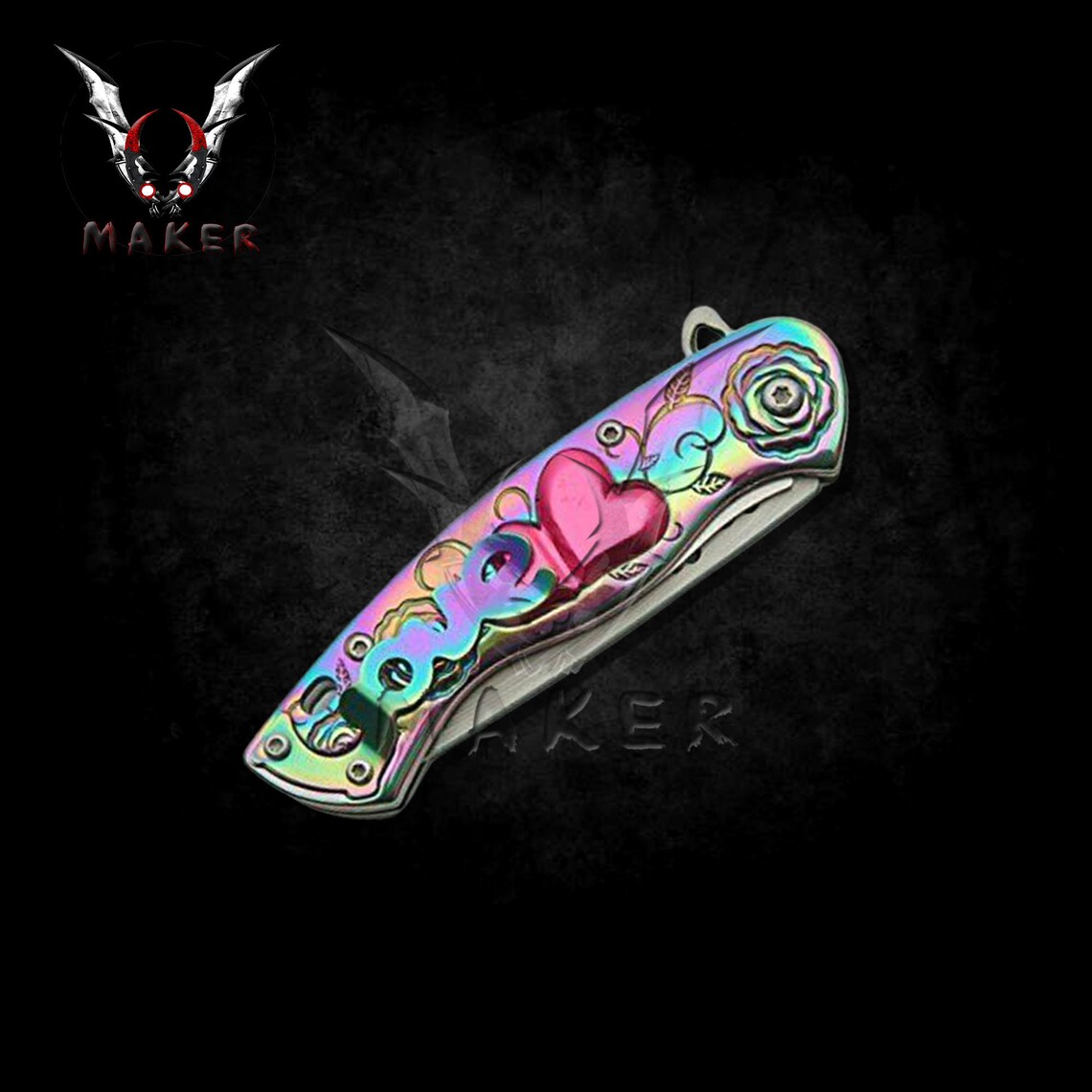 Cupid Heart Floral Rainbow Knife 7" Best Folding Love Knife for Hunting ...