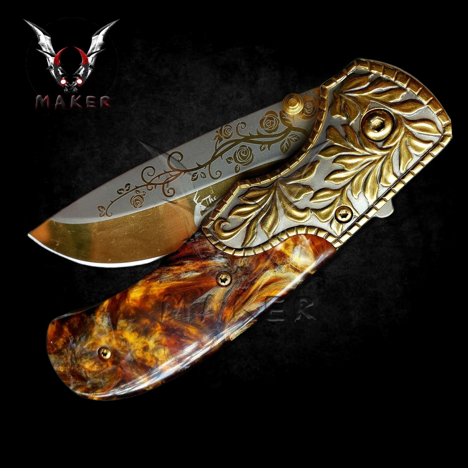 GOLD Sculpted Art Knife 9" Floral Vintage, Folding Knife for Outdoor ...