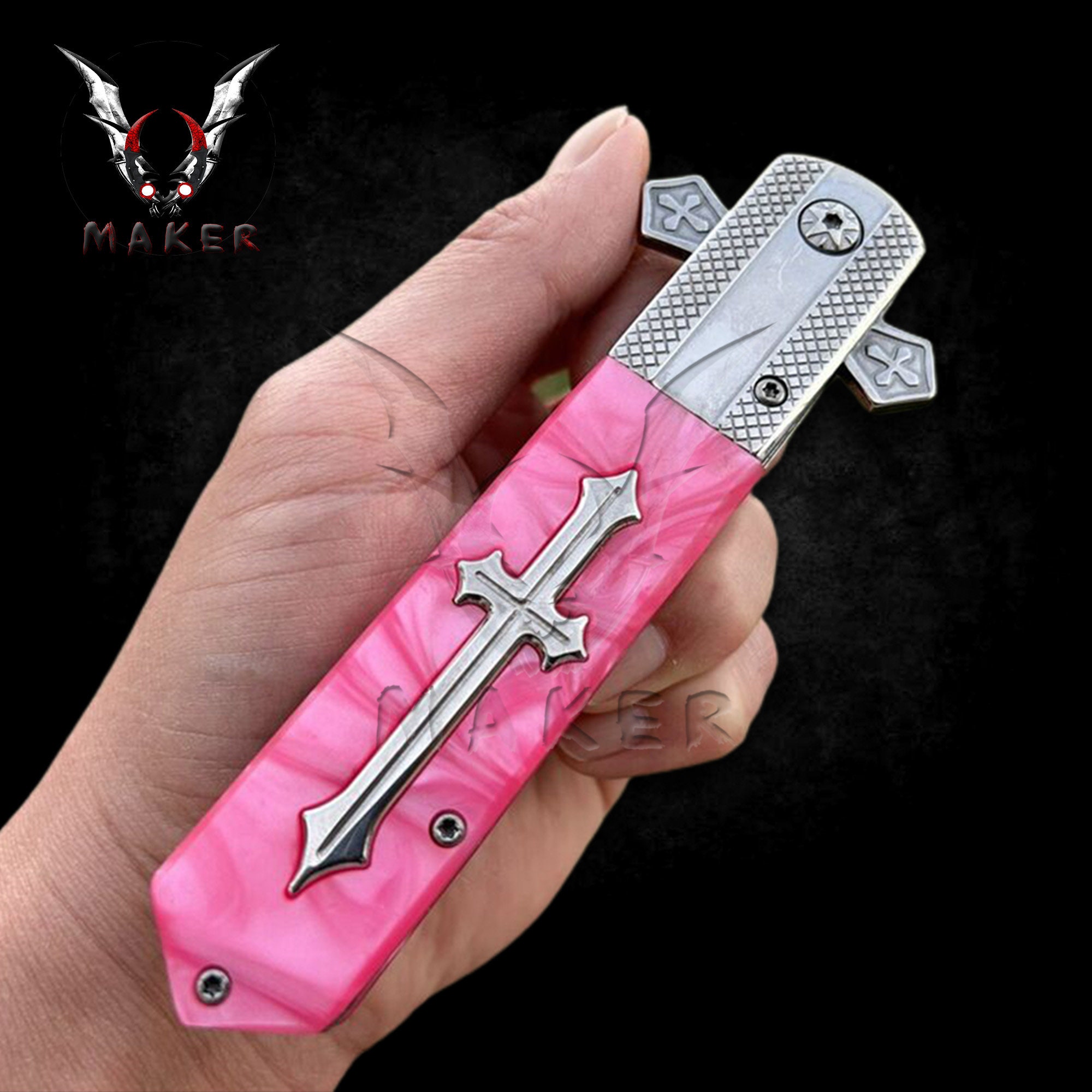 White Pearl Celtic Cross Stiletto Knife 9" Folding Knife for Christian ...