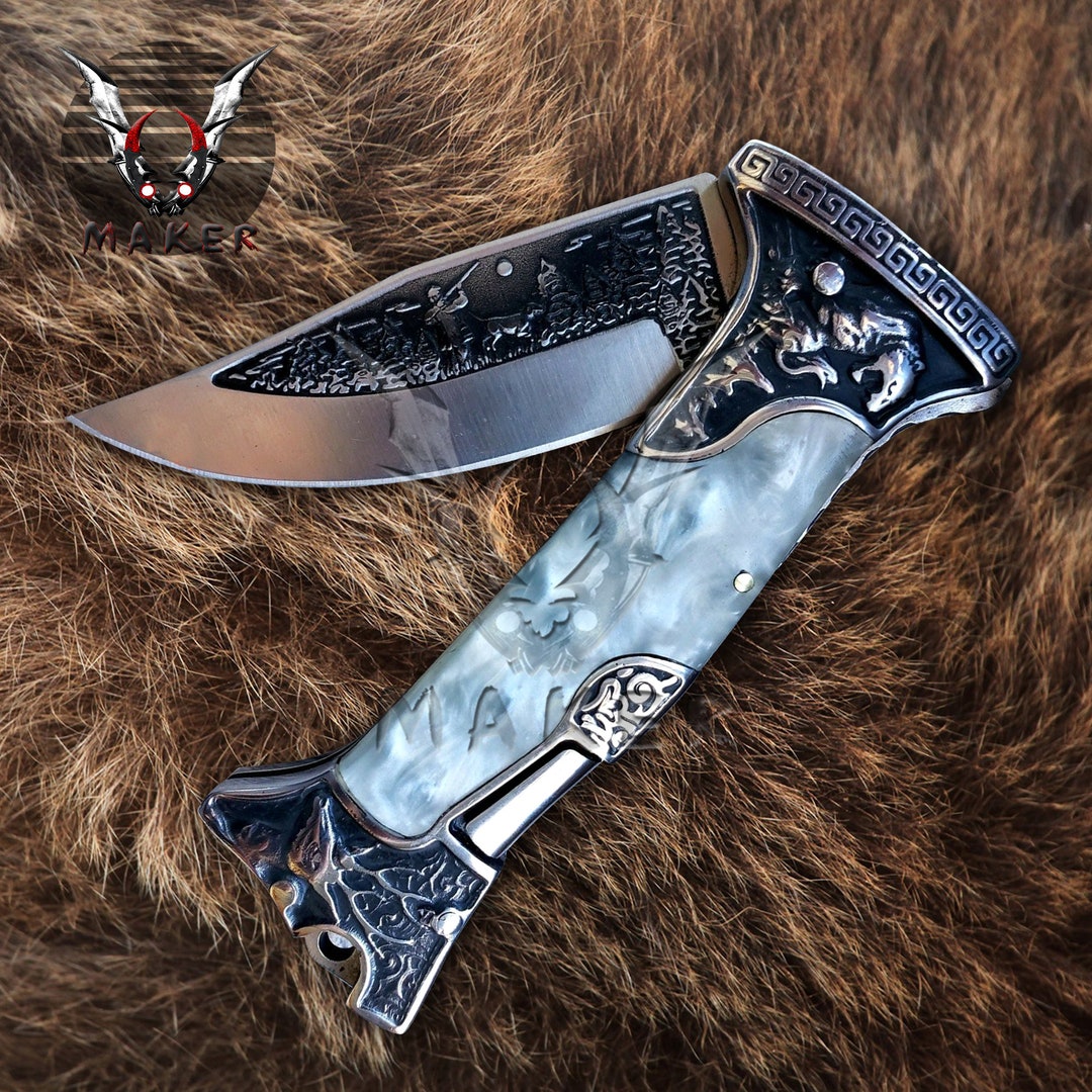 White Pearl Embossed Sculpture Vintage Knife 9" Best Folding Knife for ...