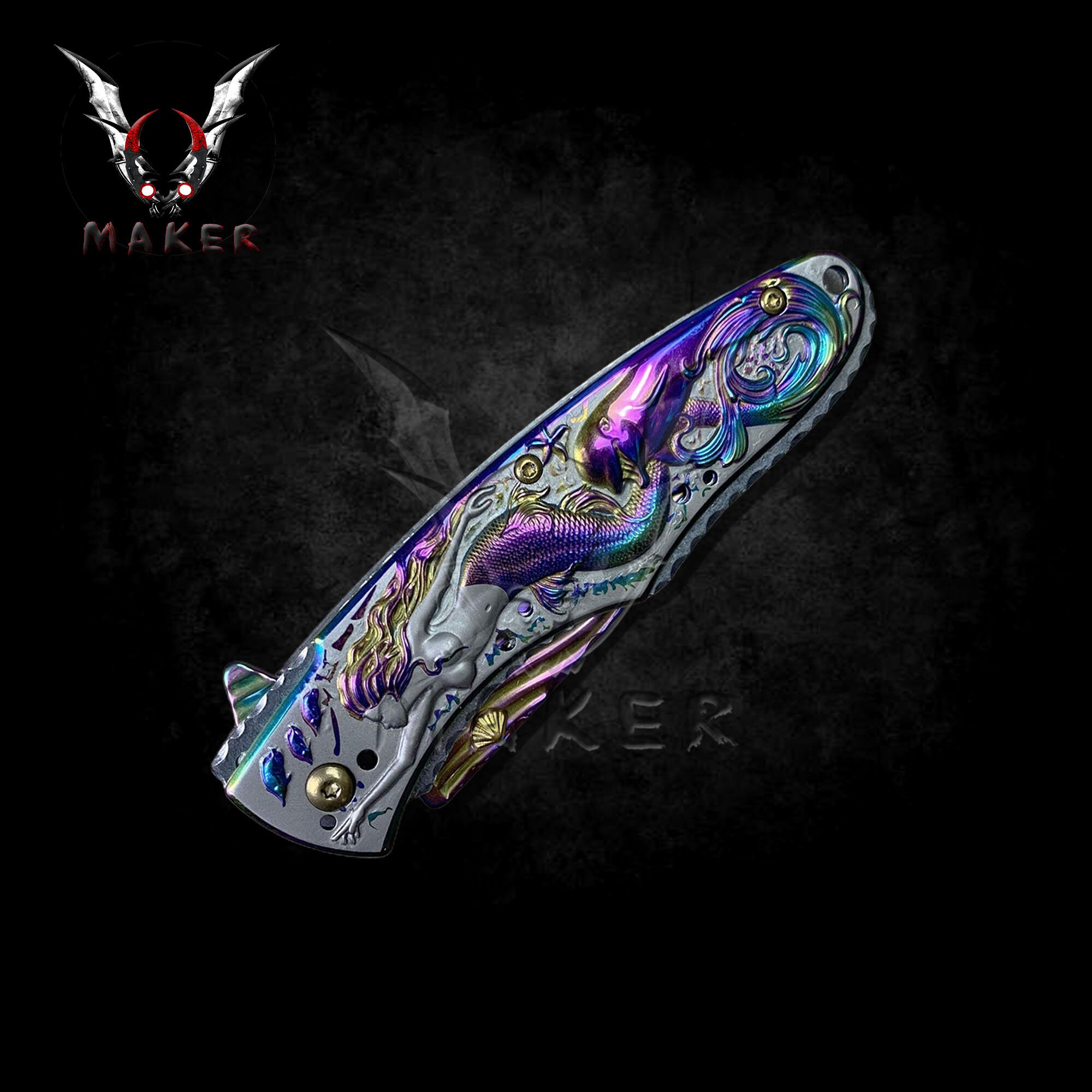 Mermaid With Ocean Dolphin Knife 8.75" Hunting Folding Steel Blade ...