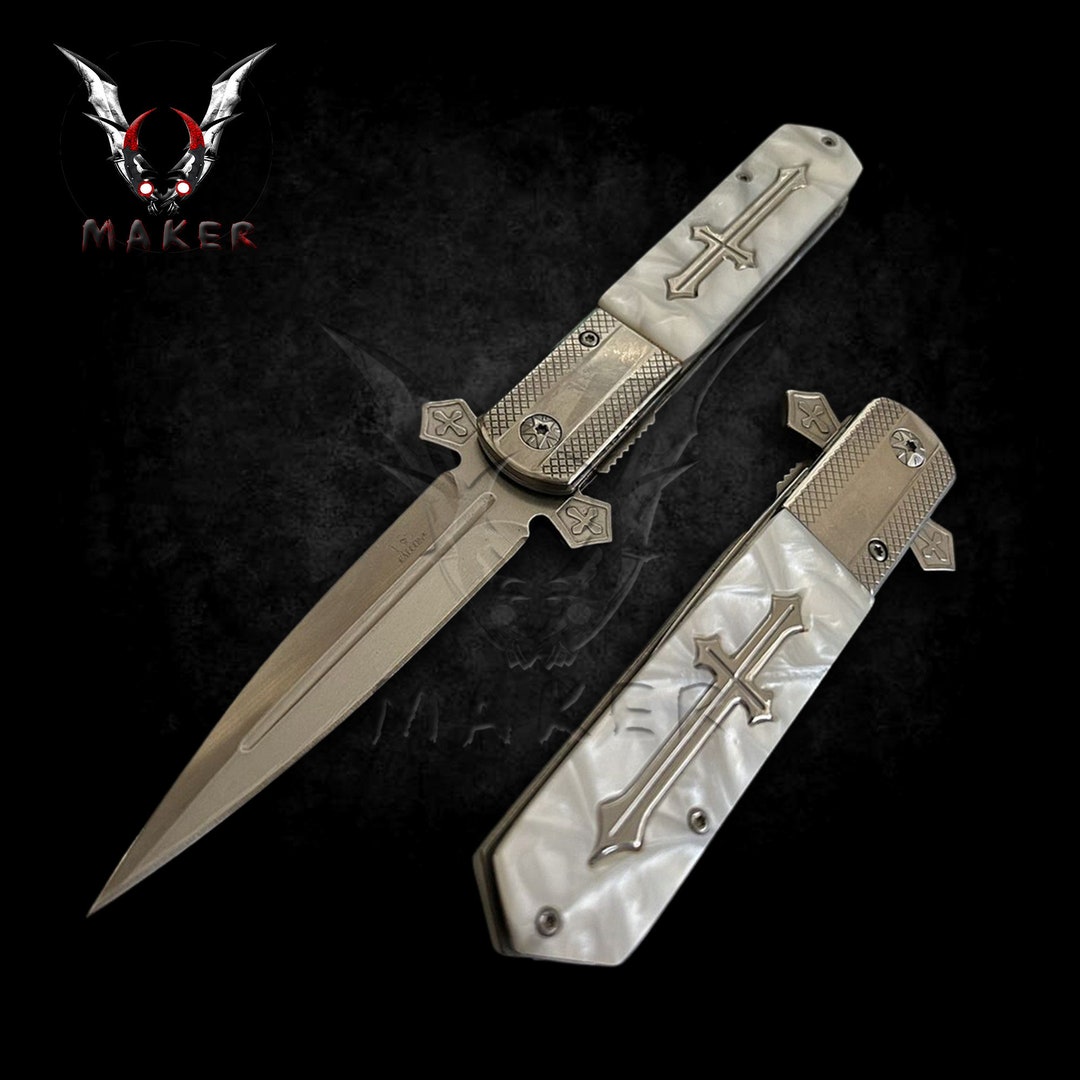 White Pearl Celtic Cross Stiletto Knife 9" Folding Knife for Christian ...