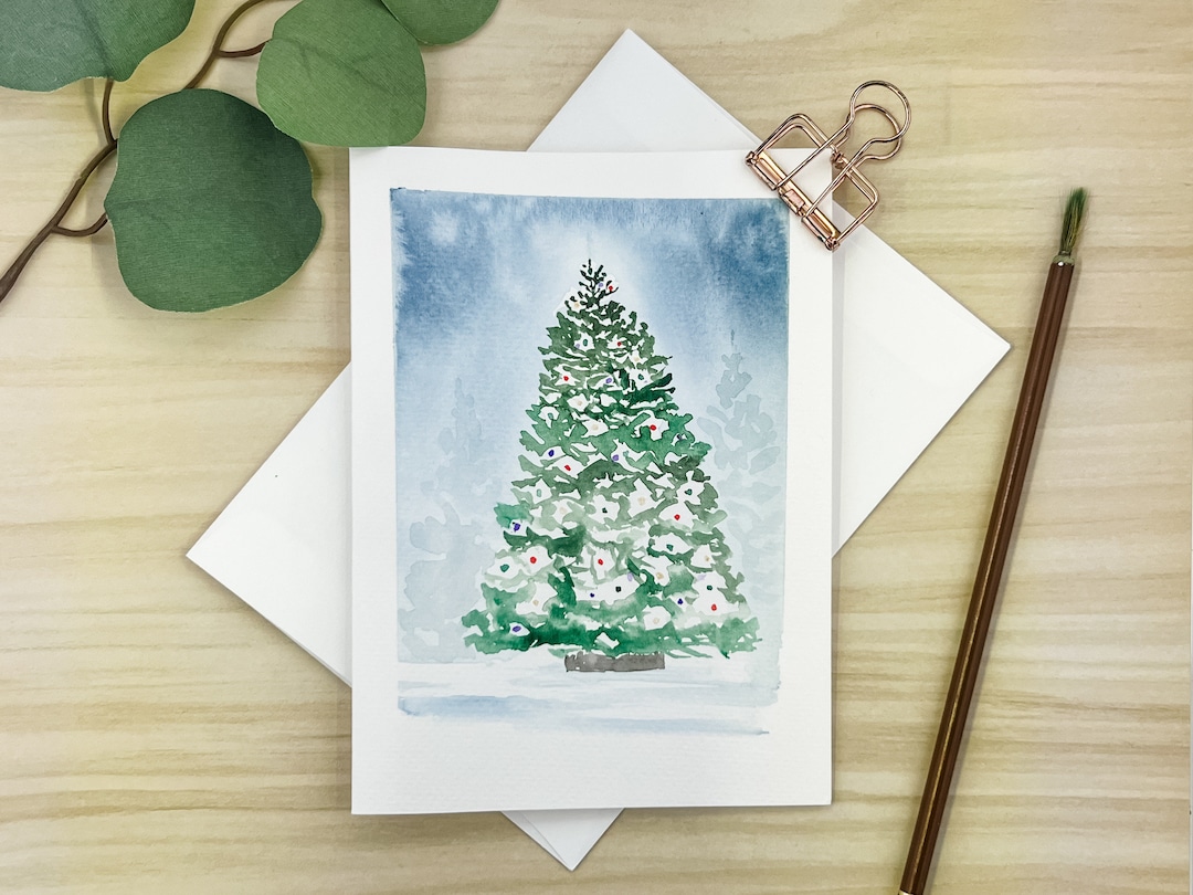 Hand Painted Christmas Cards Set of Four Watercolor Christmas Tree Cards Original Unique Hand ...
