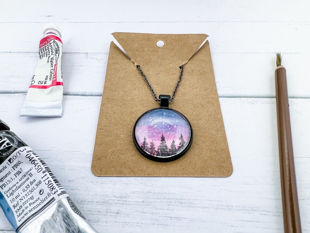 Night Sky Necklace, Watercolor Hand Painted Necklace, Original Art ...