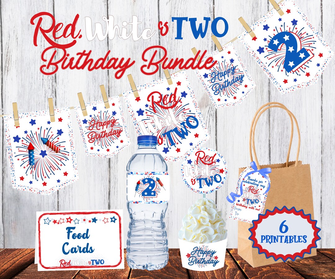 Red White and Two Birthday Bundle - Cupcake Toppers - Banner - Food ...