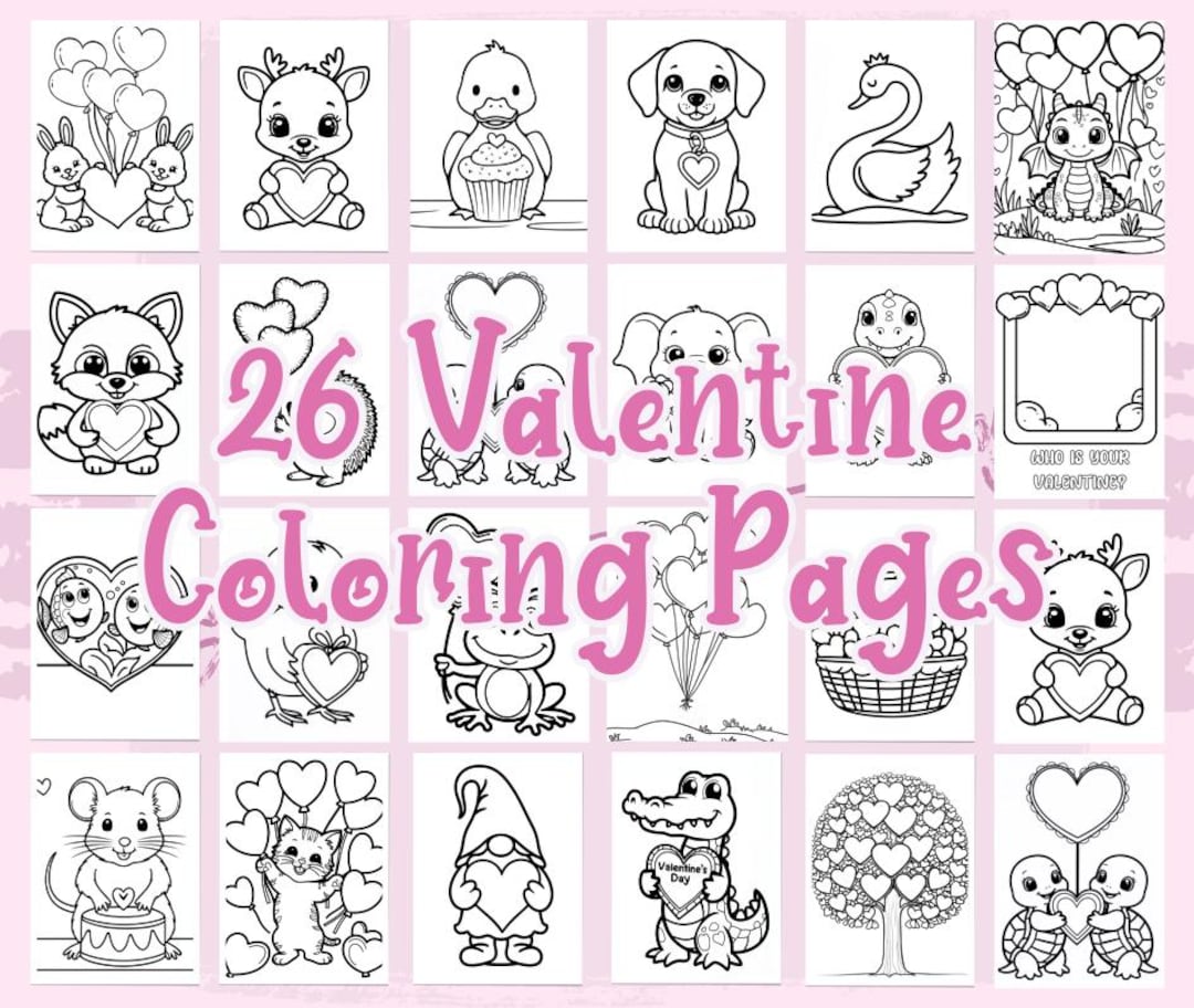 Valentine's Day Coloring Pages Bundle Kids Easy Coloring Animals Hearts ...