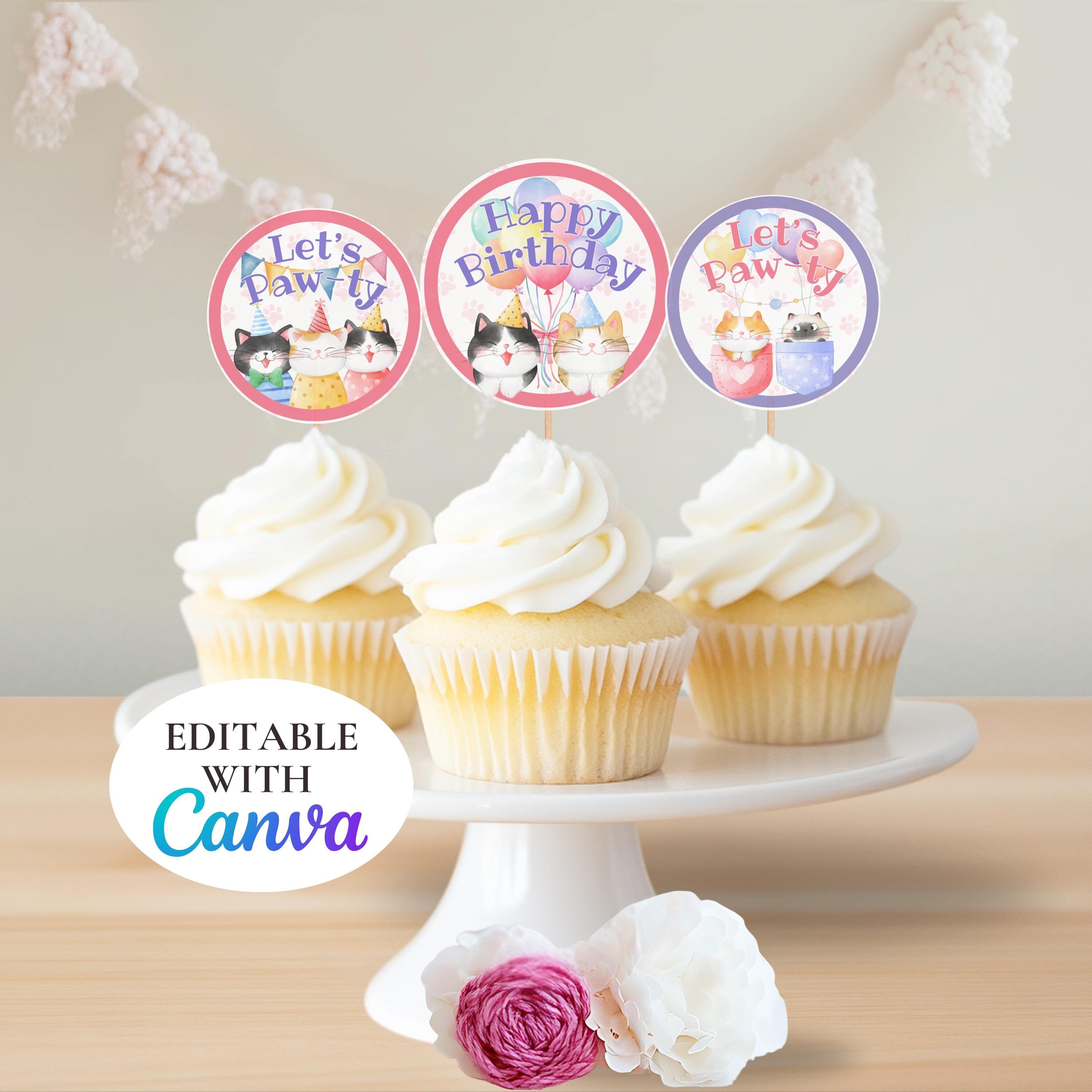 Kitten Birthday Party Printables: Cupcake Toppers & Water Bottle Labels ...