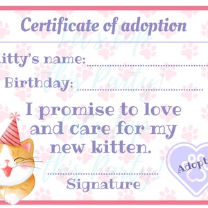 Adopt a Kitten Party Favor Kitten Adoption Certificate Kitten Birthday ...