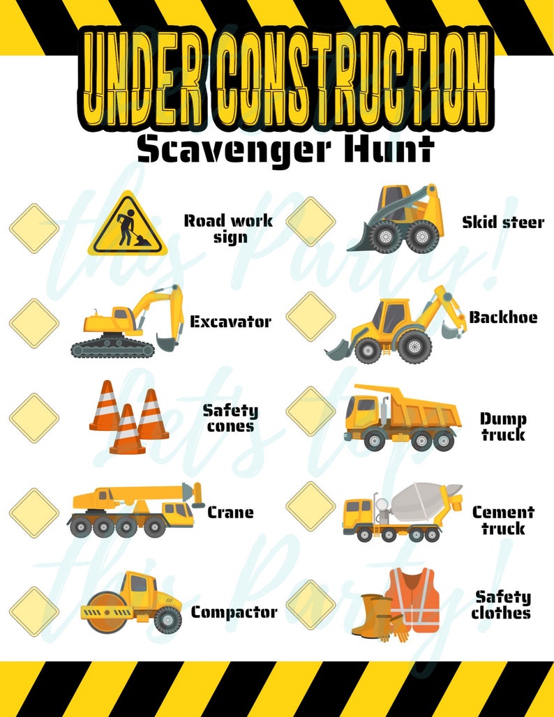 Under Construction Scavenger Hunt Construction Party Big - Etsy