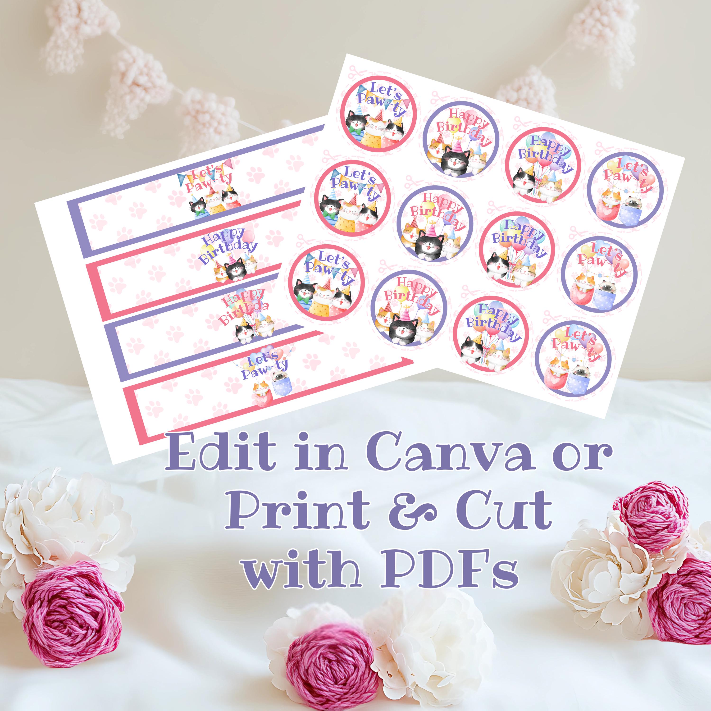 Kitten Birthday Party Printables: Cupcake Toppers & Water Bottle Labels ...