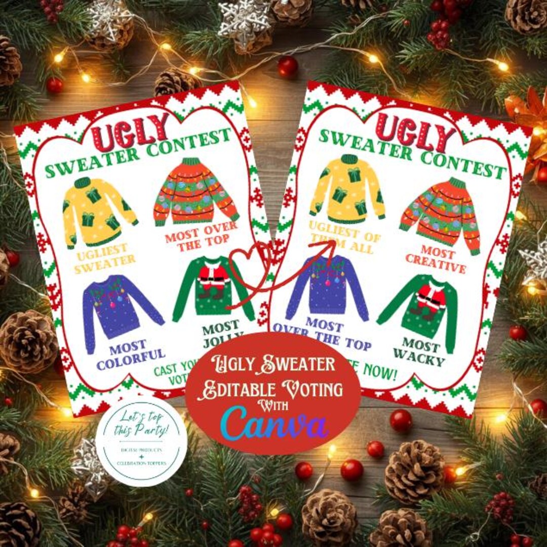 Editable Ugly Sweater Contest Kit - Christmas Party Voting Printable - Canva Template - Holiday ...