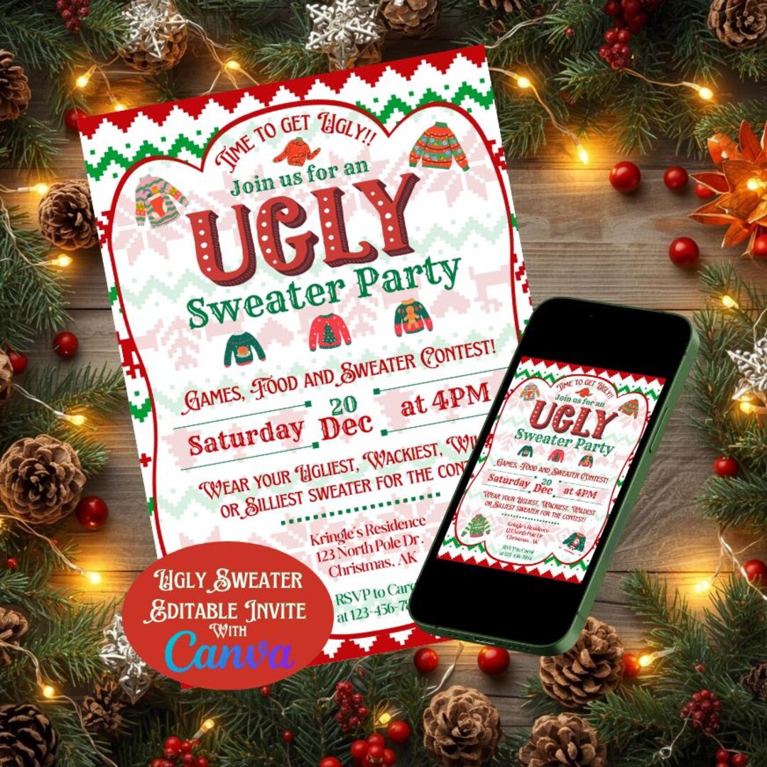 Editable Ugly Sweater Party Invite - Christmas Invitation - Canva ...
